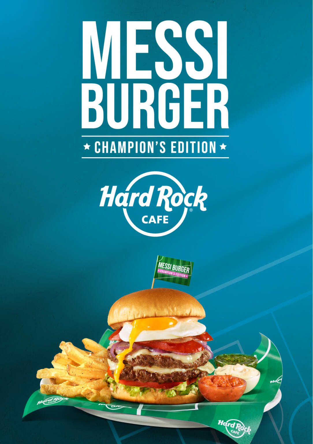 アメリカンレストラン「ハードロックカフェ」サッカー選手 リオネル・メッシ考案オリジナルバーガー「MESSI BURGER CHAMPIONS EDITION」 | Foooood