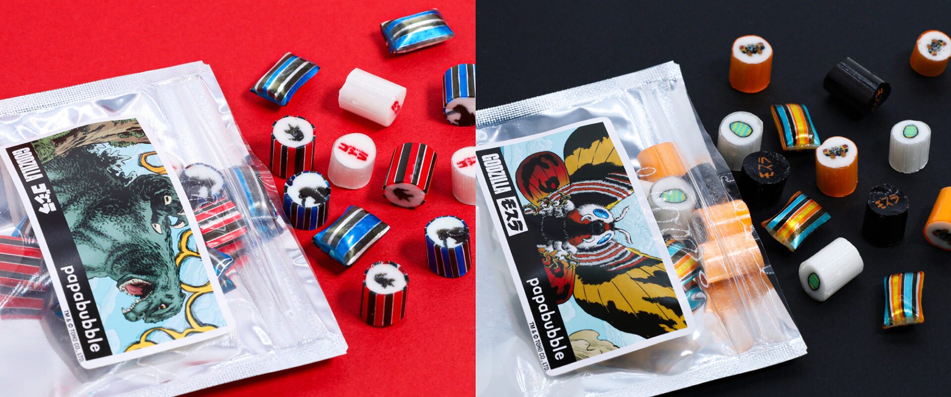 ゴジラ・モスラ テーマのプレミアムキャンディが登場 生誕70周年に先駆けPAPABUBBLE公式サイトにて数量限定で発売 | Foooood